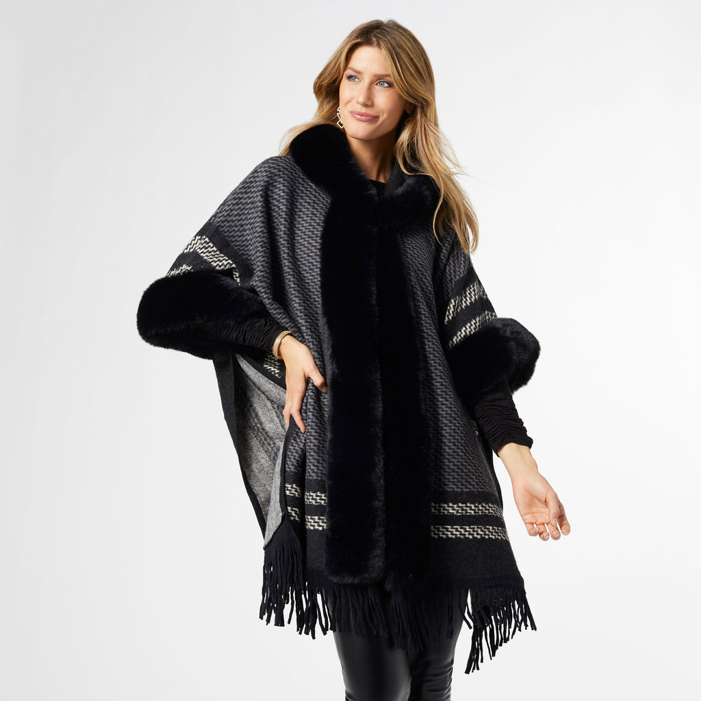 Gabriella Hooded Ruana with Faux Fur Trim - Final Sale – tgbBRANDS