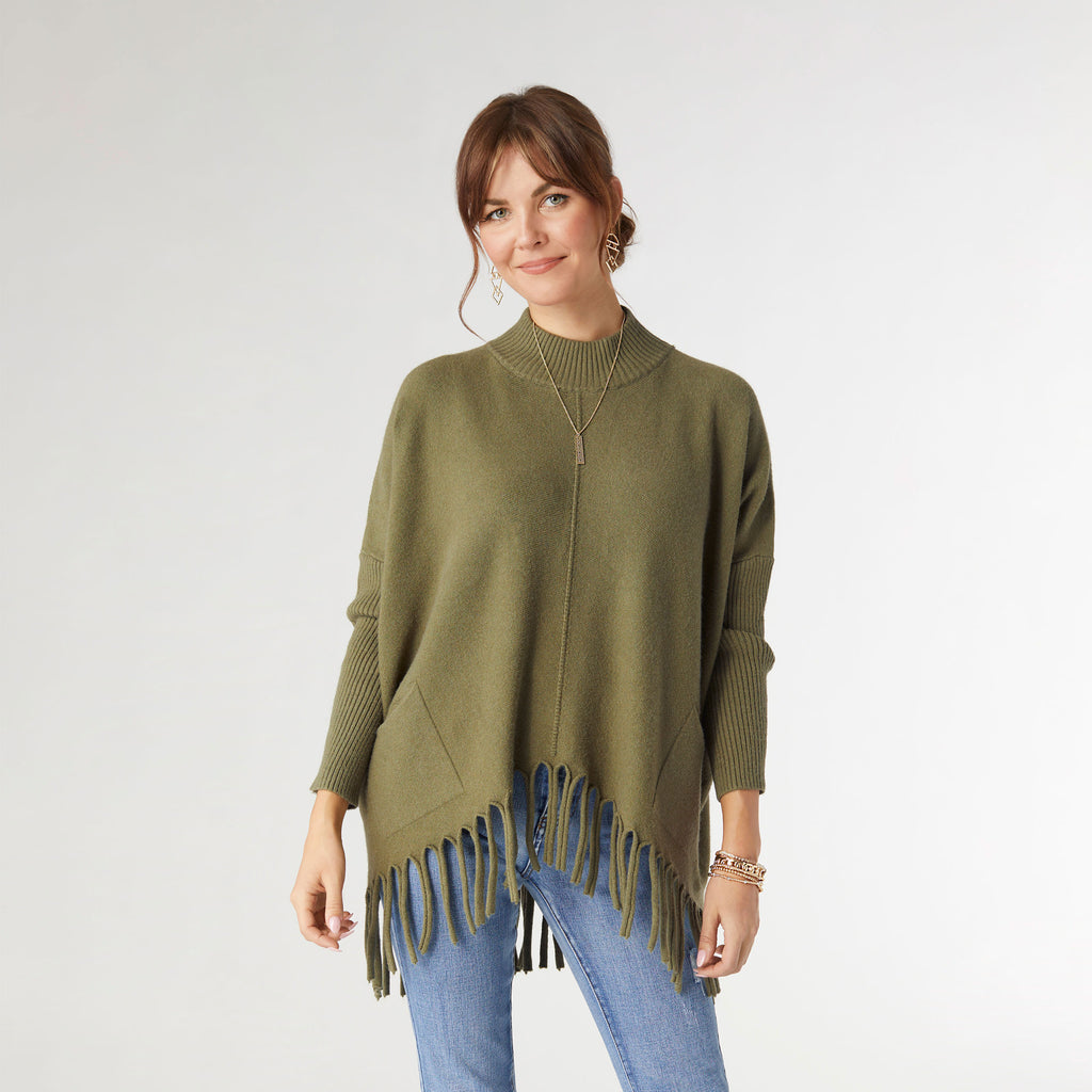 Heavenly-Luxe Flowy Mock Neck Fringe Sweater – tgbBRANDS