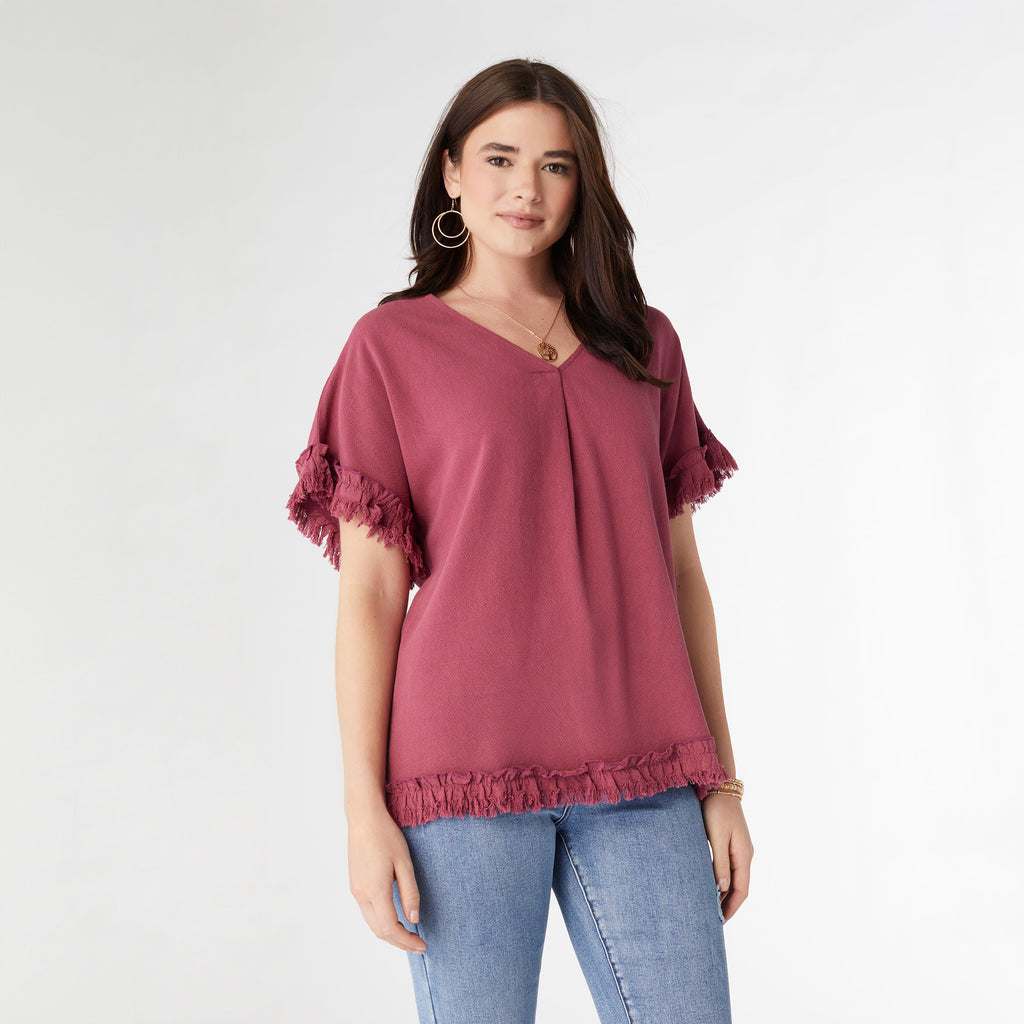 River Flowy Short Sleeve Top with Fringe – tgbBRANDS
