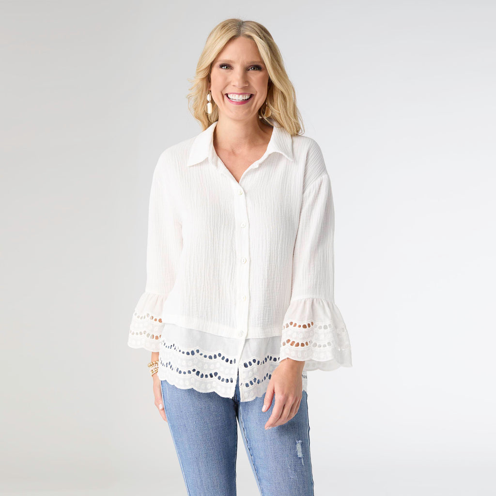 Becky Button Front Top with Embroidery – tgbBRANDS